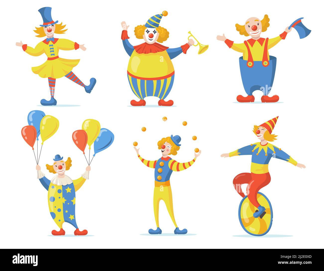 Cute clowns set. Circus and carnival performers dancing, juggling ...