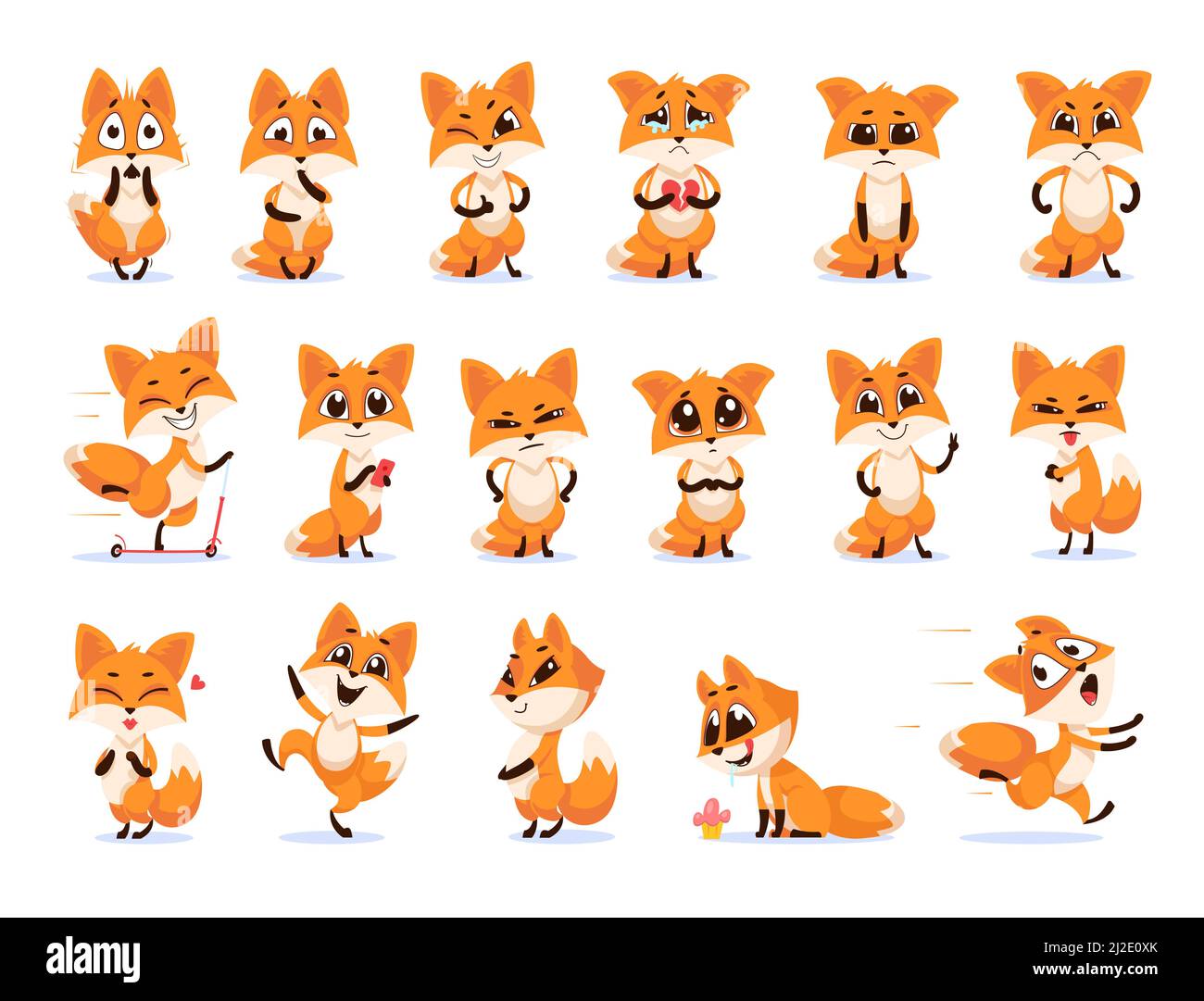 Cute funny emotional fox set. Cute red little fox smiling, crying ...