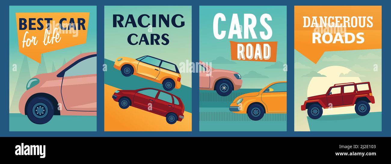 Colorful posters design with stylish cars. Vivid brochures for vehicle ...