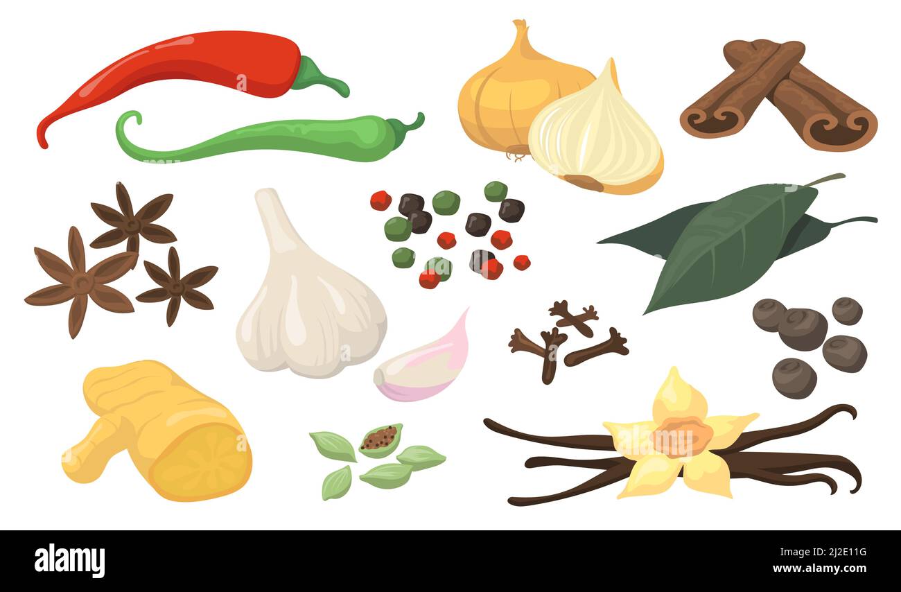 Colorful spicy spices and vegetables flat item set. Cartoon fresh ...