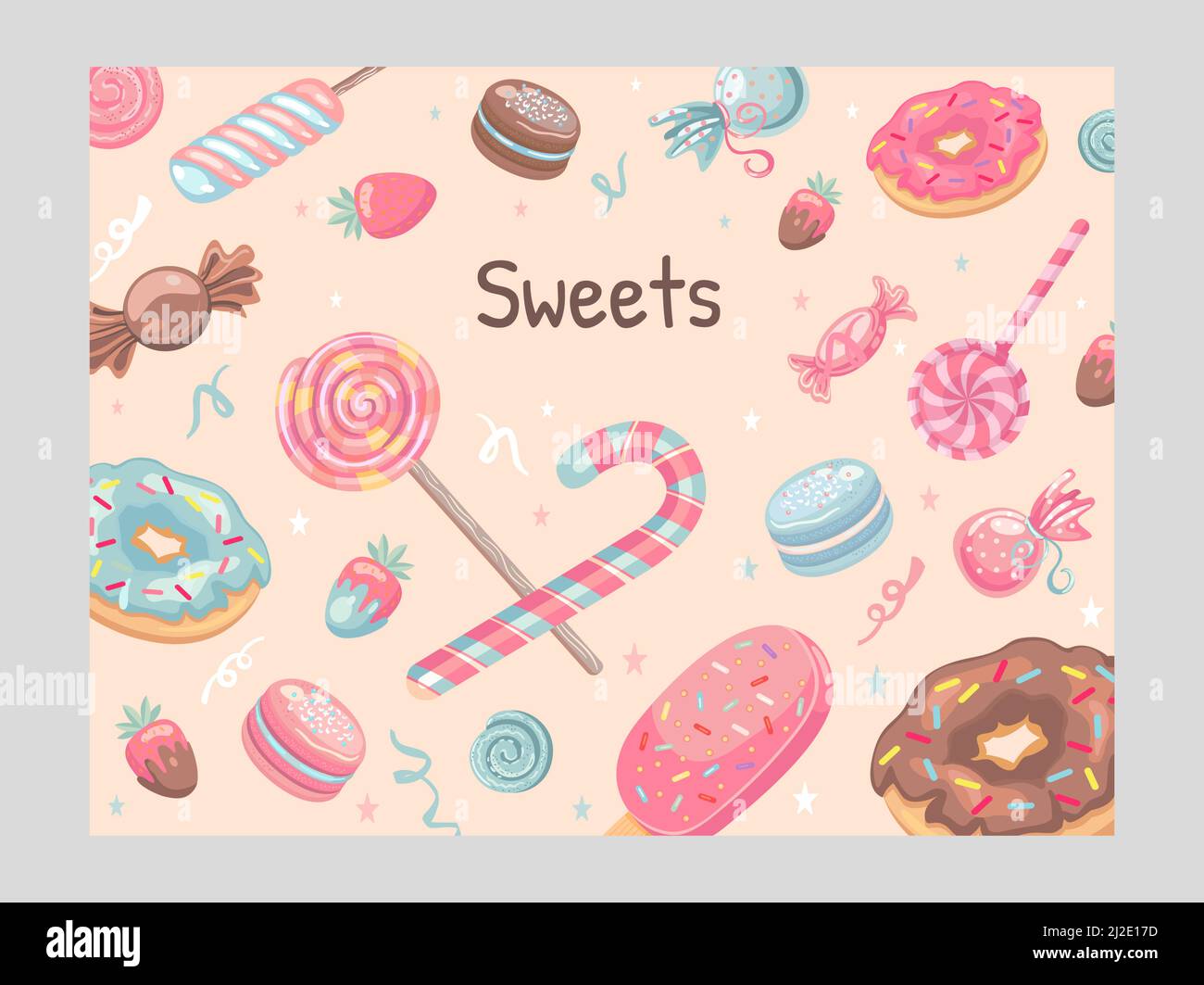 Cover design with sweets. Ice cream, candies, donuts, macaroons ...