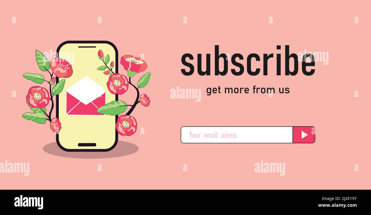 Creative email subscription design with rose flowers on phone. Online ...