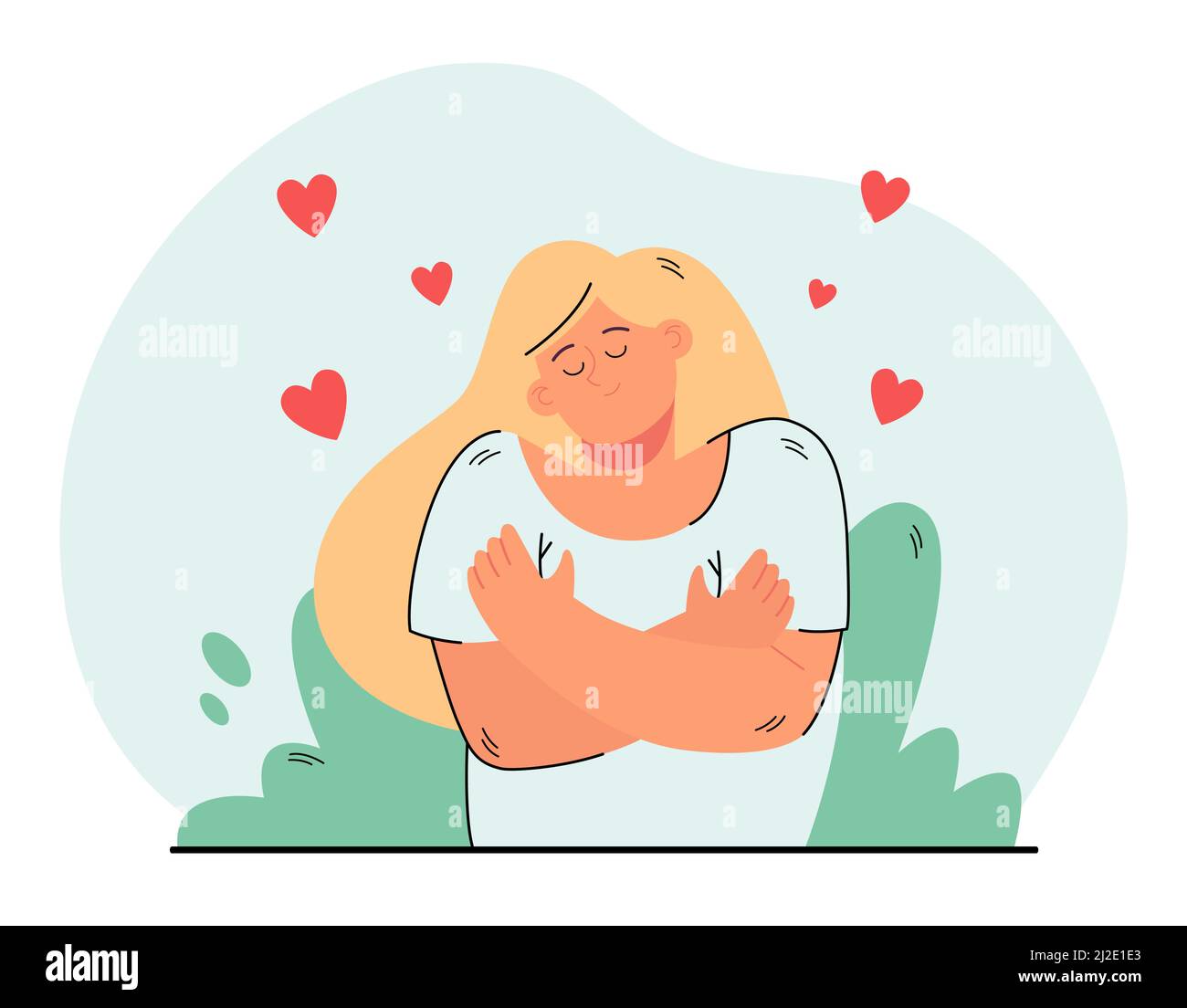 Cute peaceful woman hugging her shoulders flat vector illustration ...