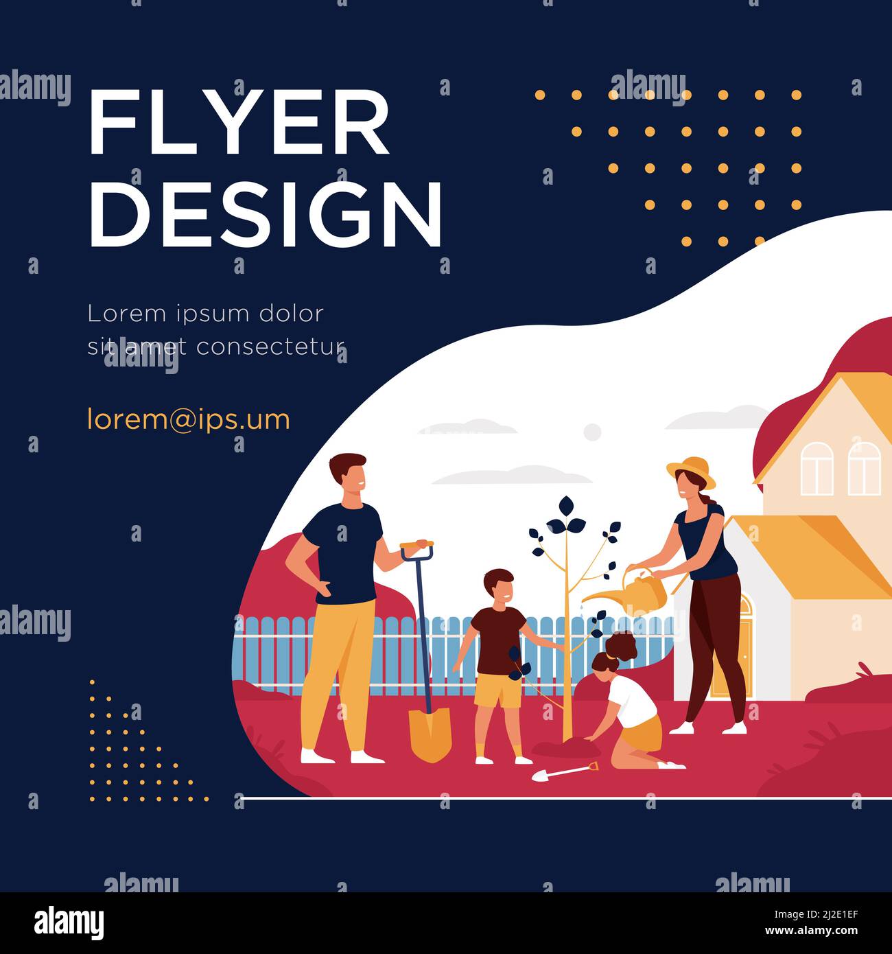 Farmer family planting sapling near house. Parents couple and kids ...