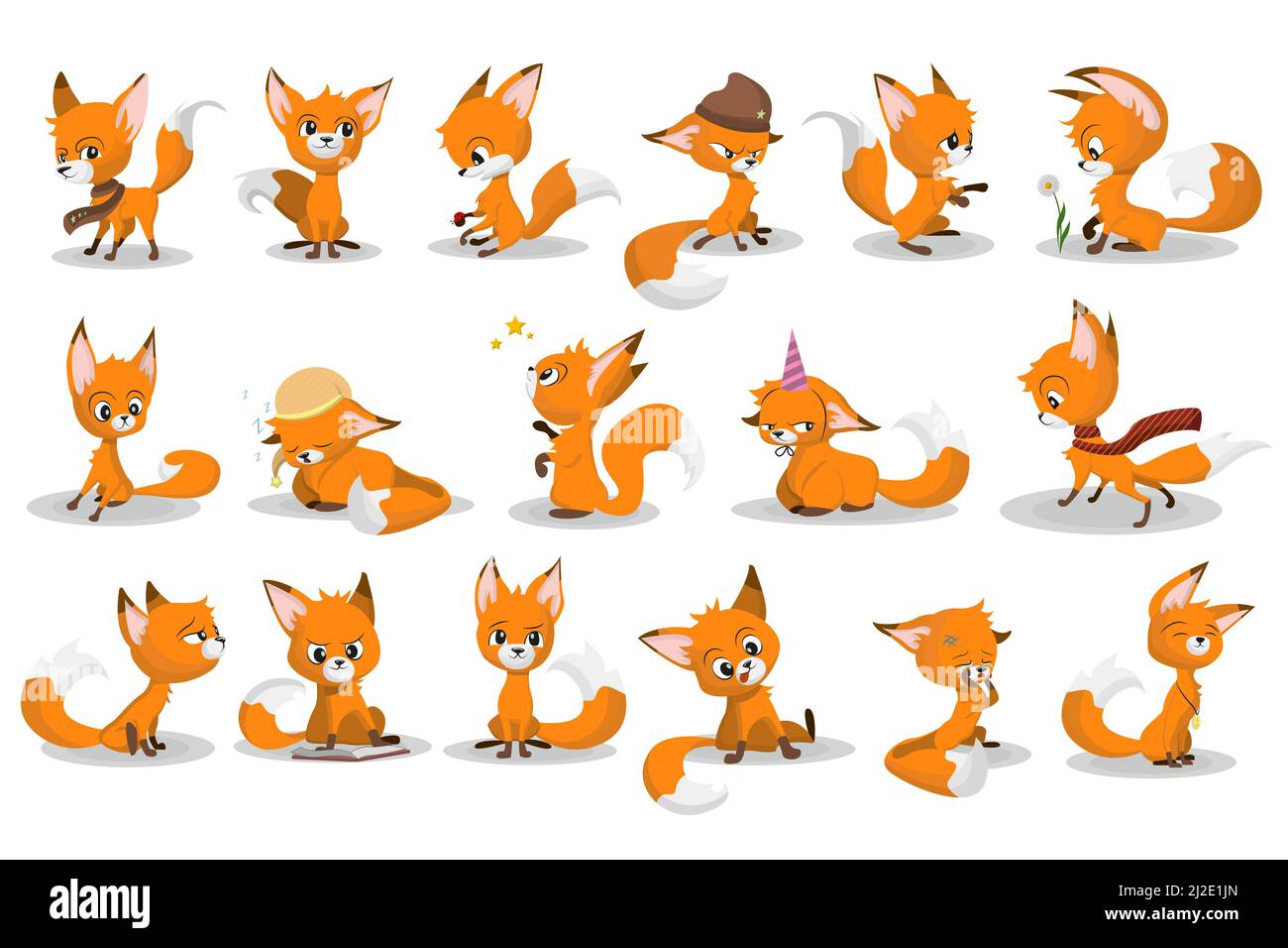 Cute cartoon red fox set. Funny animal character smiling, crying ...
