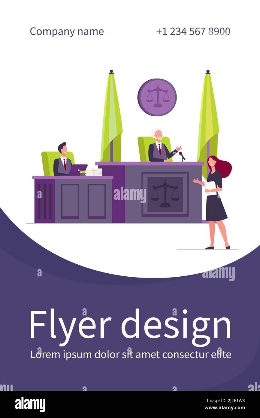 Female attorney standing in front of judge and talking isolated flat ...