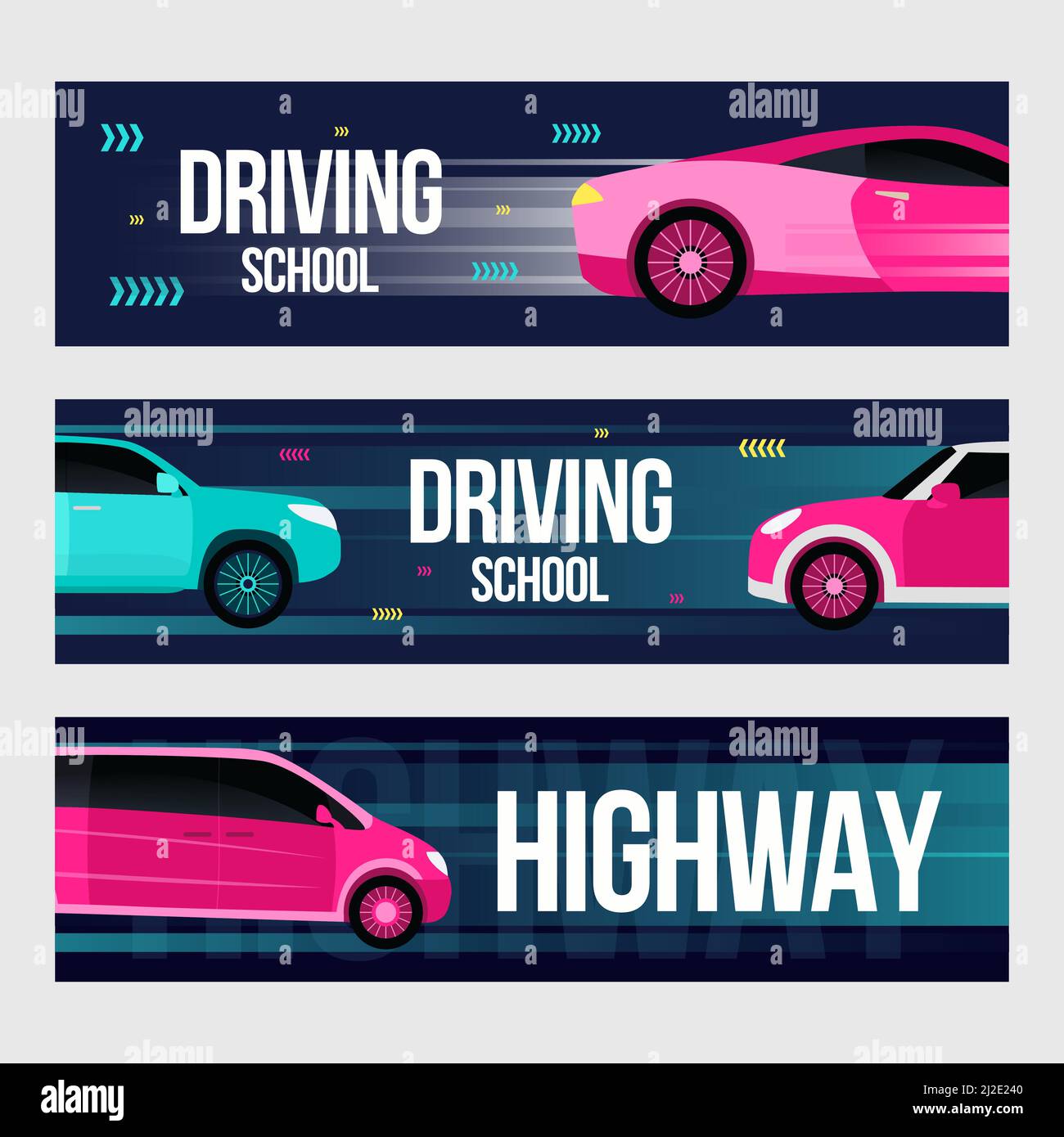 Driving school banners set. Fast cars in motions vector illustrations ...