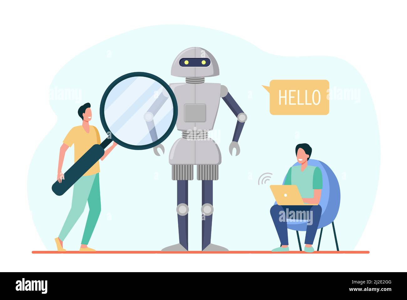 Engineers creating robot. Humanoid speaking Hello, men with laptop and ...