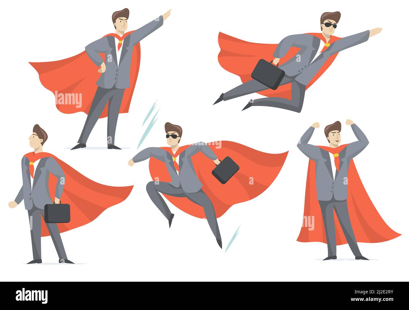 Experienced businessman in superhero costume flat set for web design ...