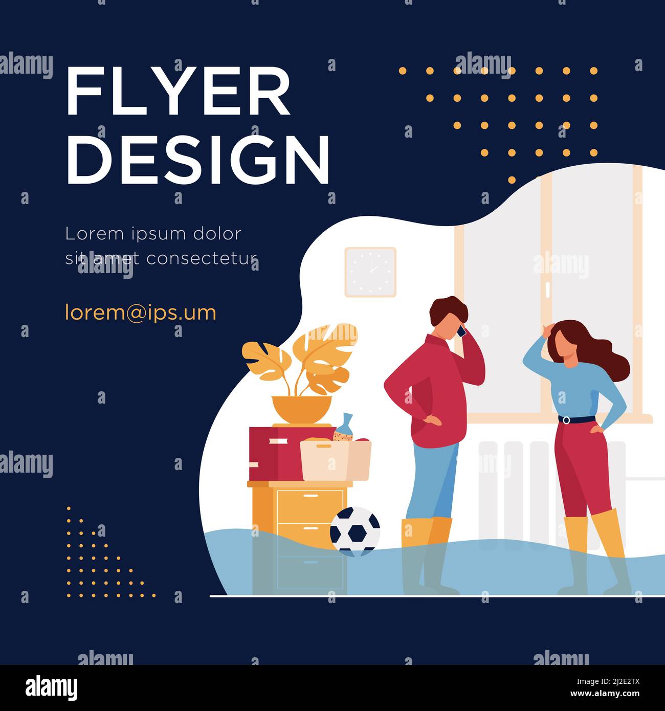 Family couple walking ankle deep in water at home, calling plumber ...