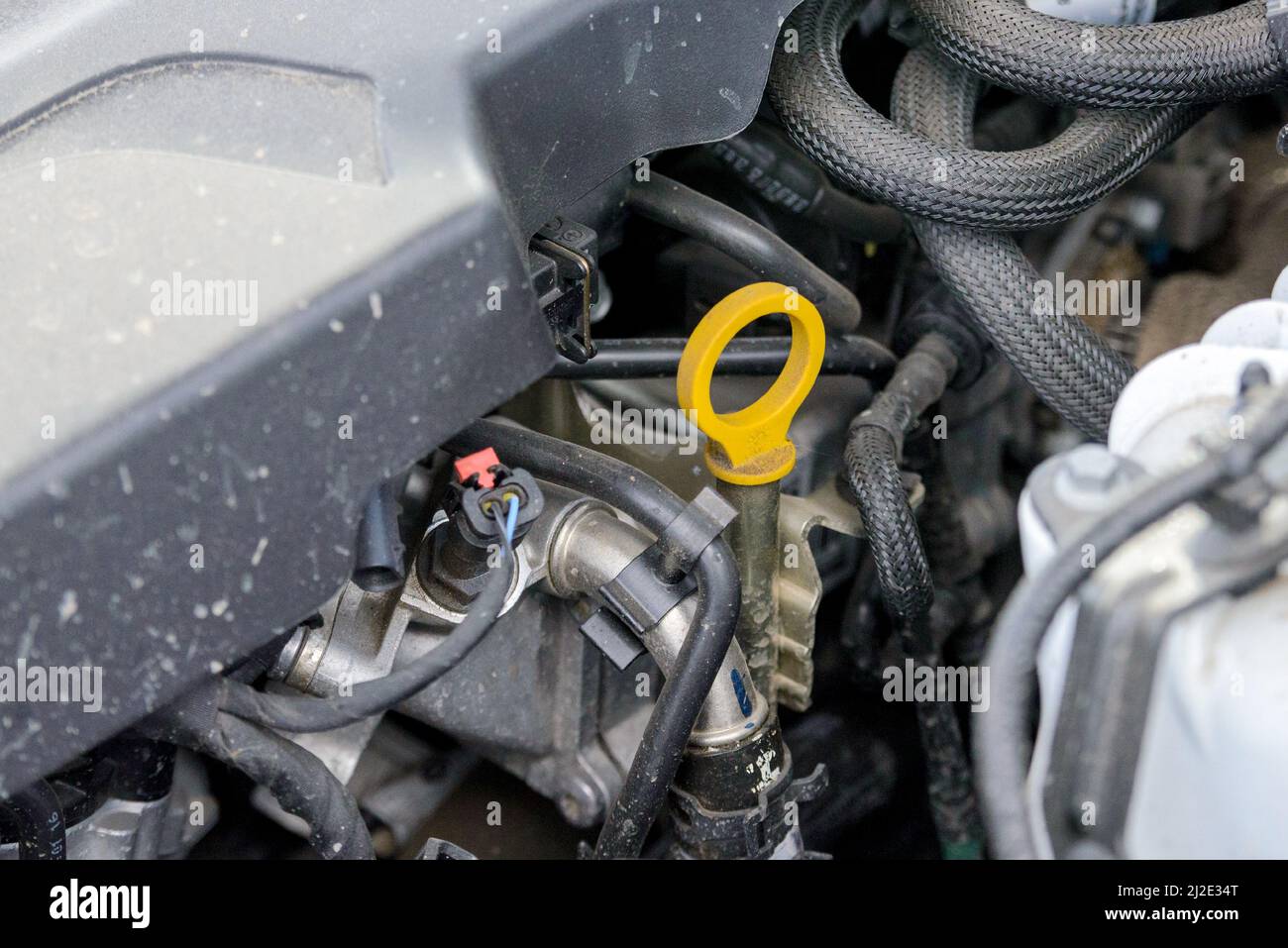 open car hood. get the probe. it is yellow. checking the oil level ...