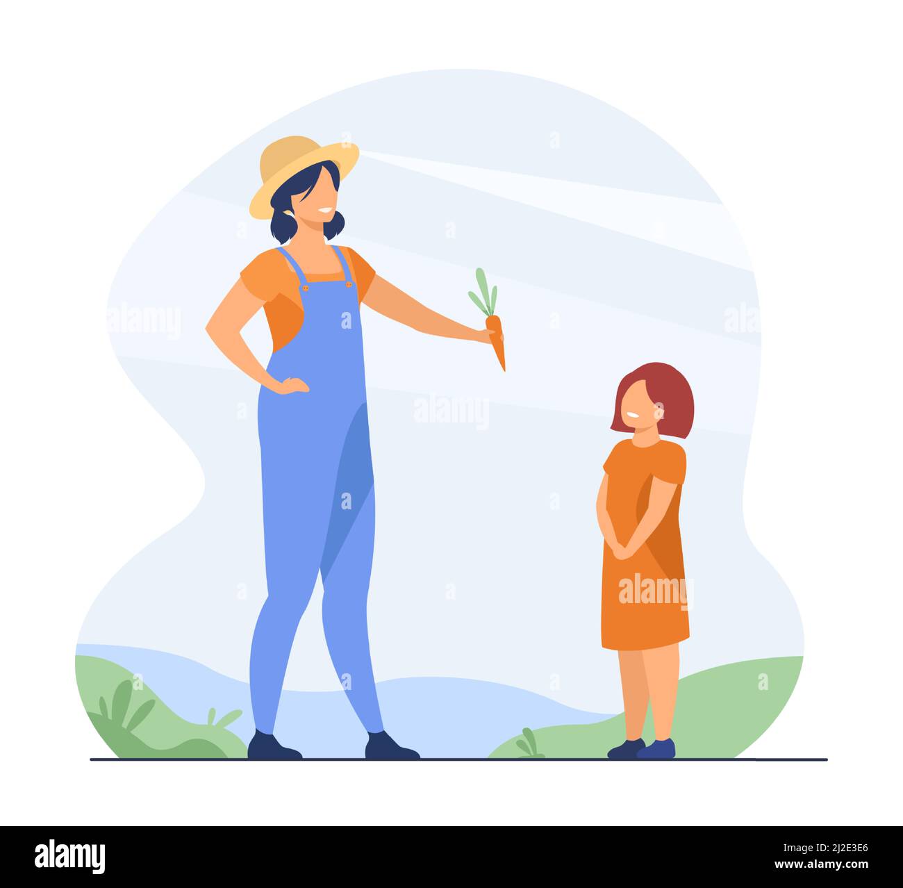 Farmer mom and kid. Mother giving fresh vegetable to child outdoors ...