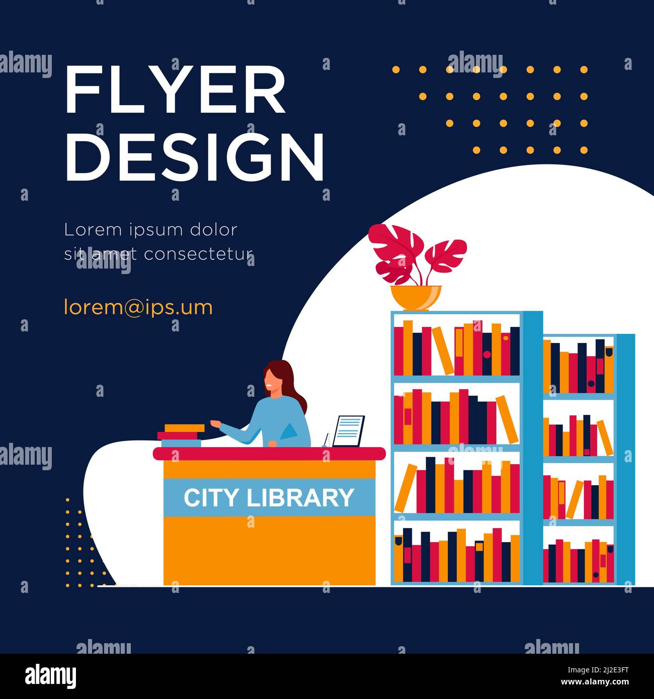 Female smiling librarian standing at counter. Book, shelf, paper flat ...