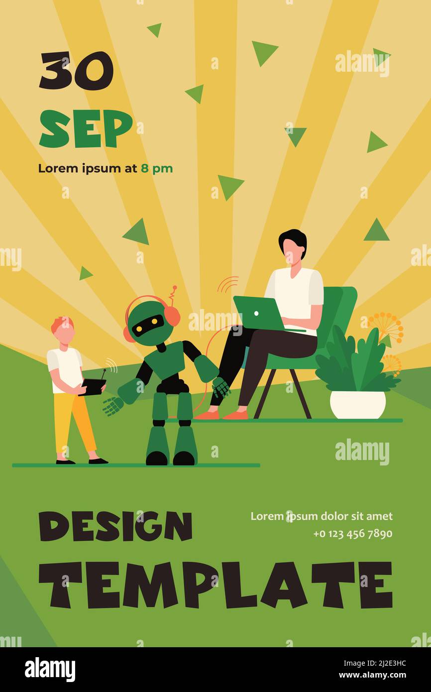 Happy father and son playing with robot. Laptop, kid, cyborg flat ...