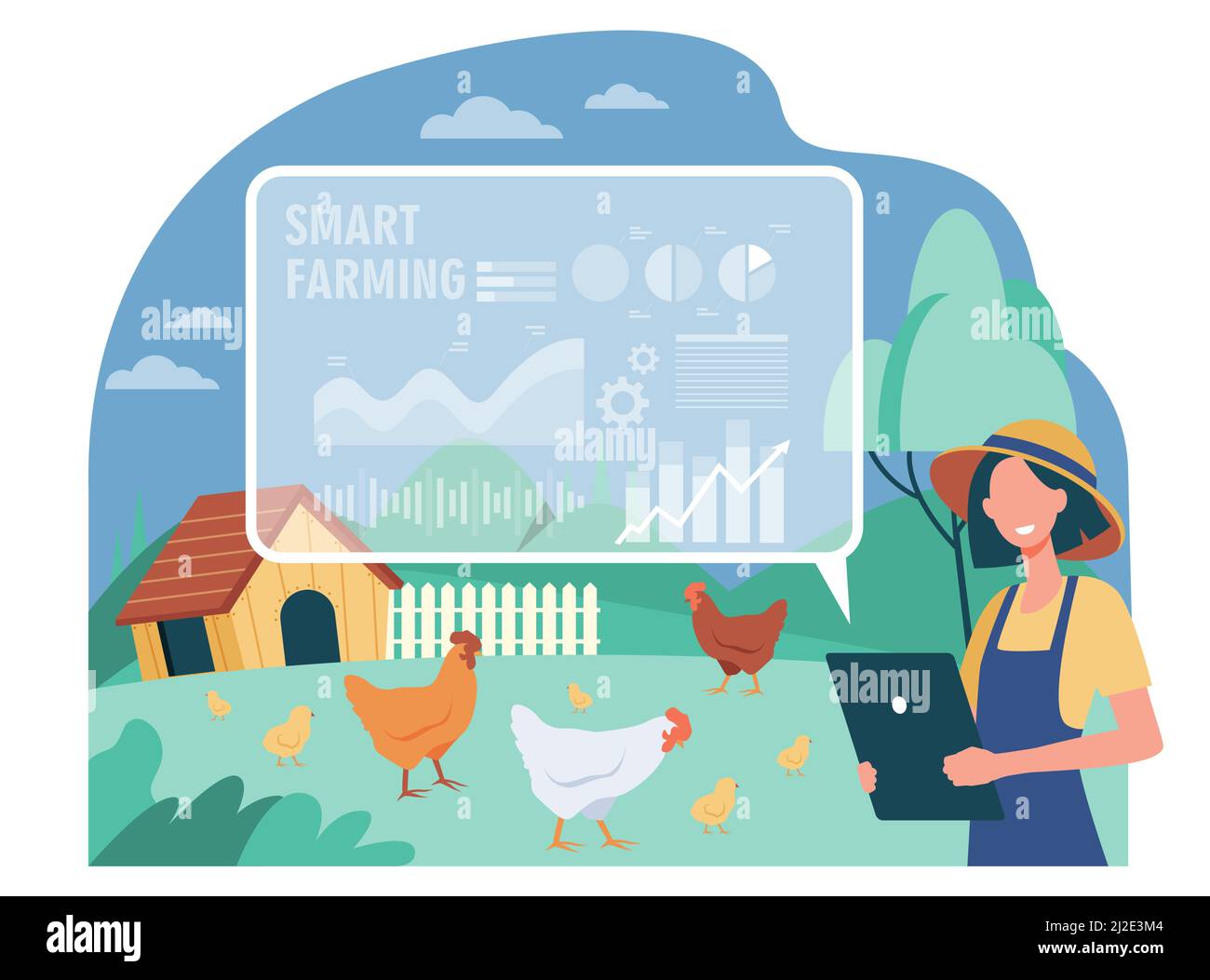 Happy female farmer working with smart farm flat vector illustration ...