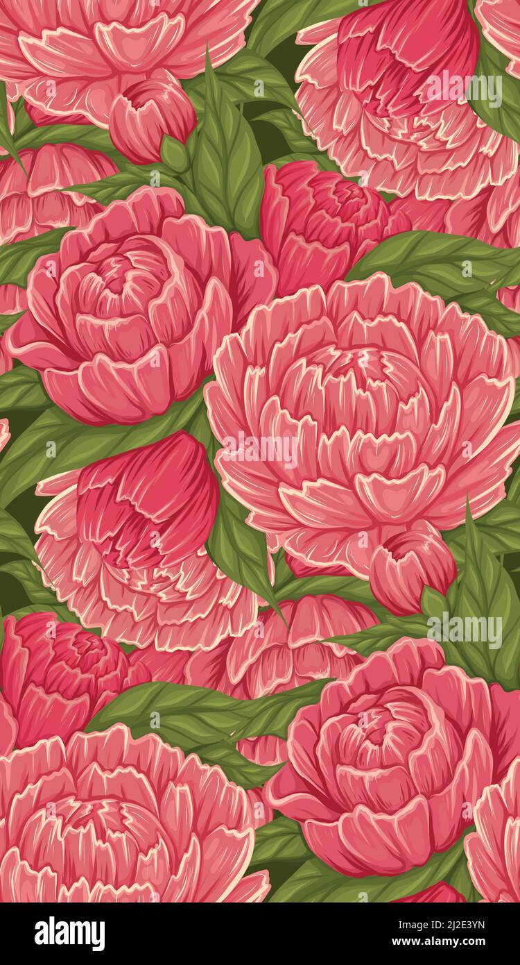 Vector seamless pattern with crowded cartoon peony flowers with foliage ...