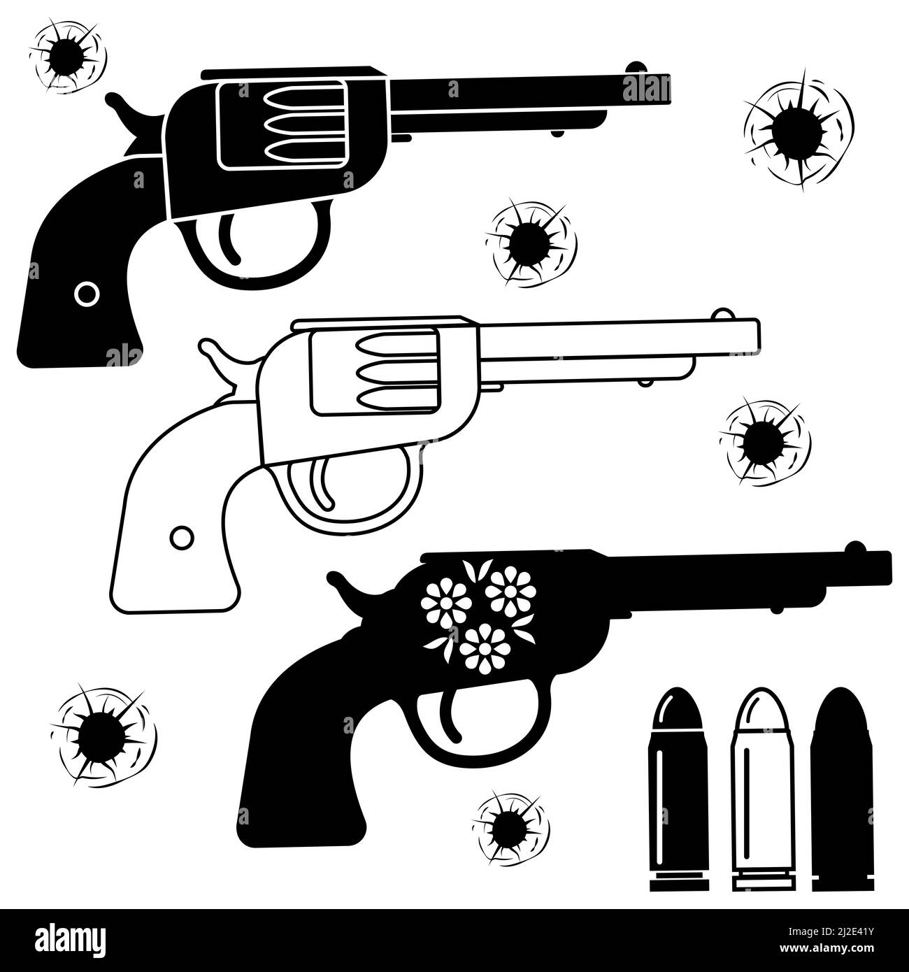 Set of weapons bullets and bullet holes, black stencil vector ...