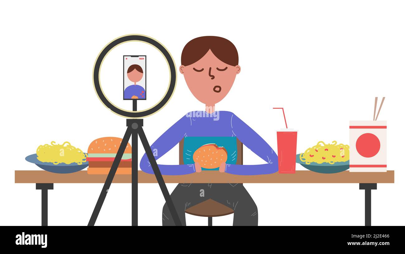 A man with dark skin streaming and recording video of Muckbang. Food ...