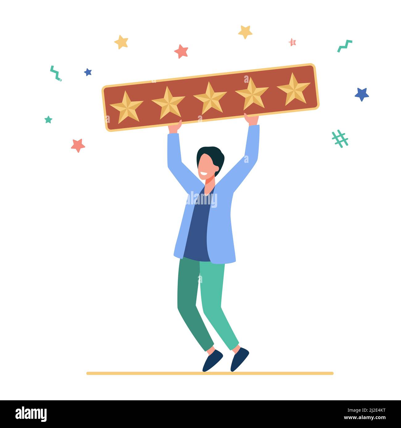 Happy man holding five golden stars. Customer, review, social media ...
