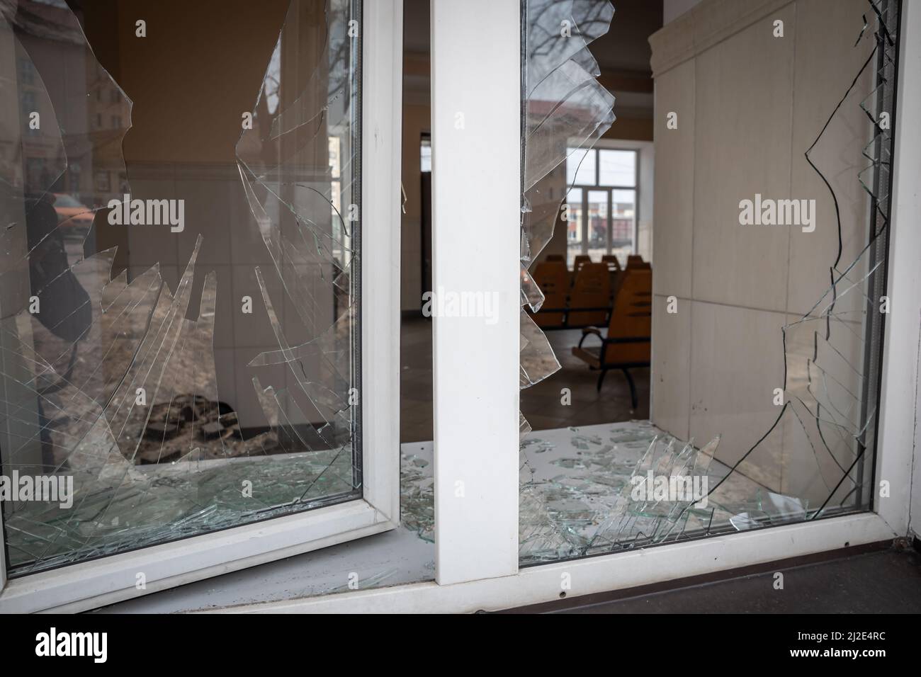 Explosion-broken window of a train station building, pictured 29.03. ...