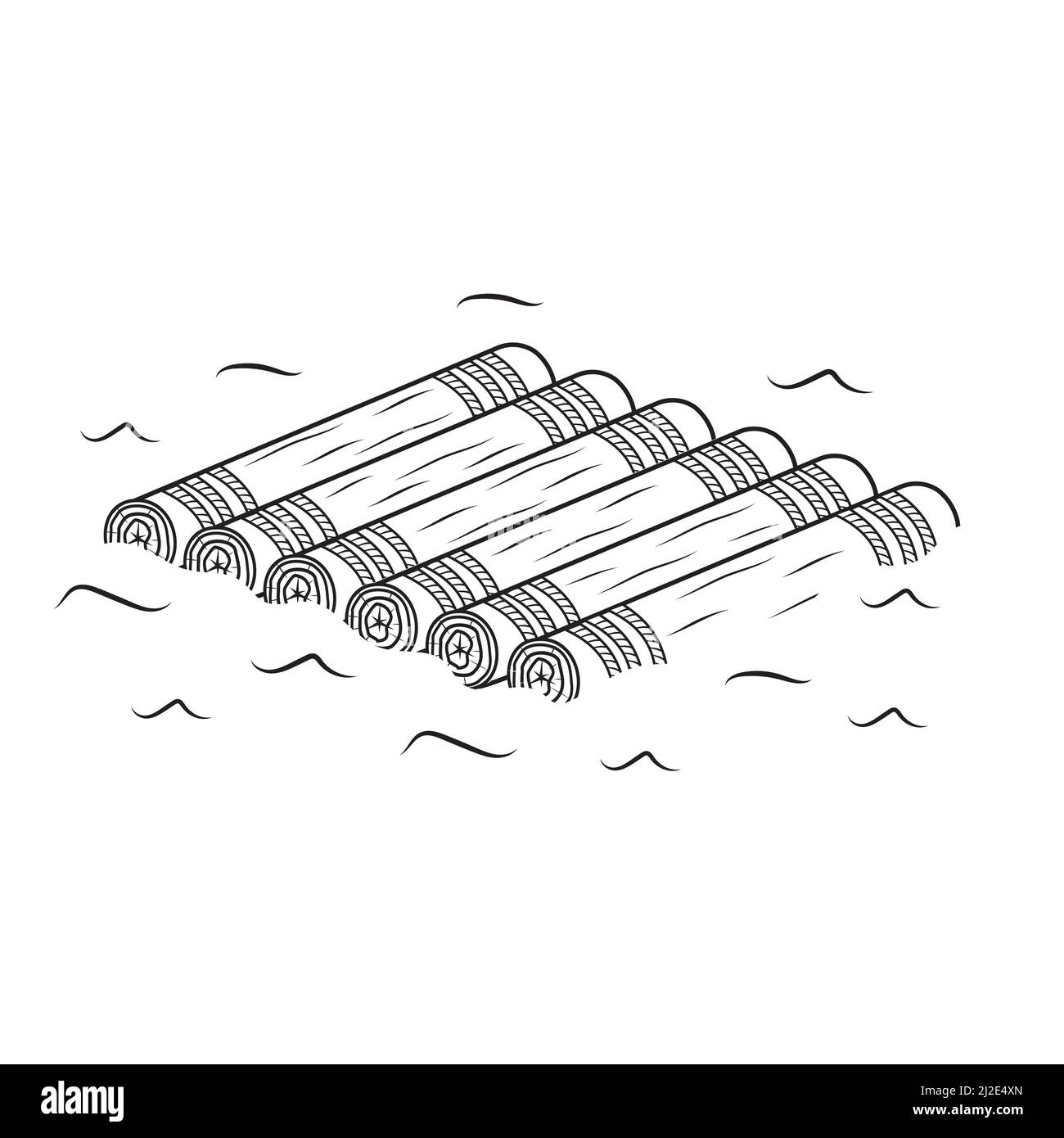 Wooden raft, isolated vector illustration black outline sketch doodle ...