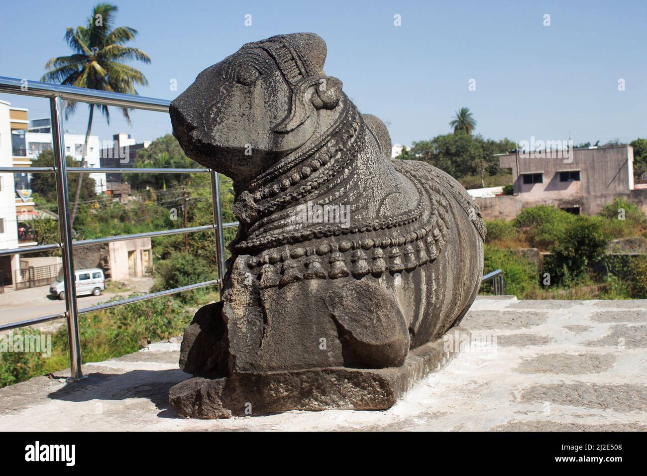 Ruined stone Sculpture of Nandi outside of Sangameshwar Temple, Saswad ...