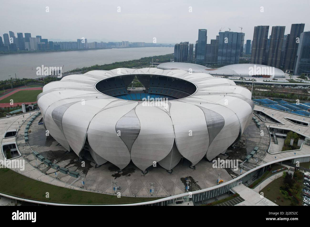 HANGZHOU, CHINA - APRIL 1, 2022 - An aerial view of the main stadium of ...
