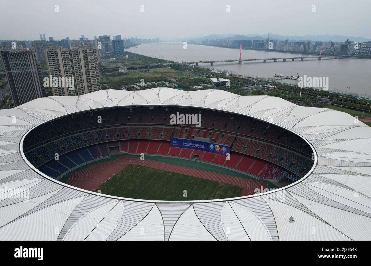 HANGZHOU, CHINA - APRIL 1, 2022 - An aerial view of the main stadium of ...