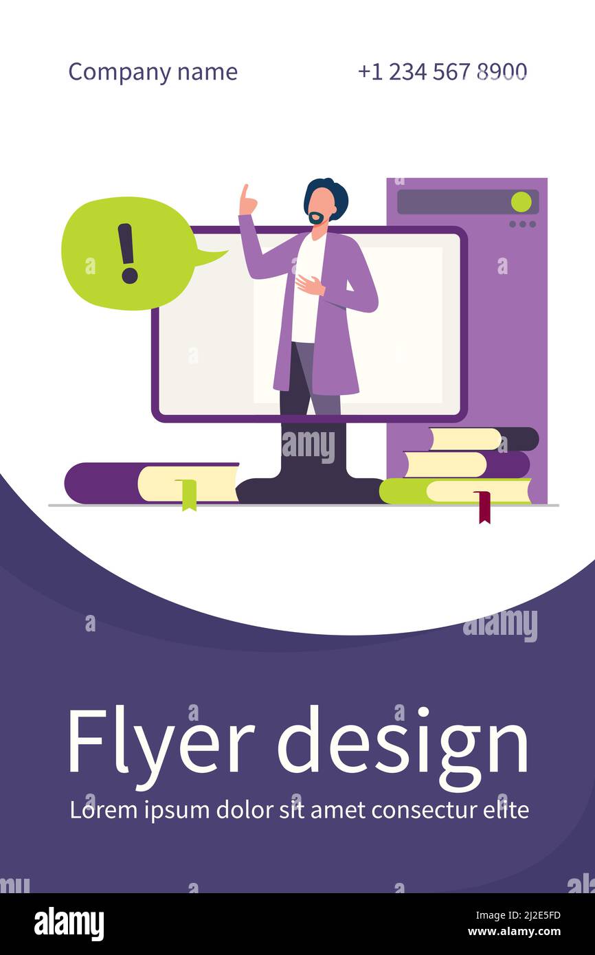 Lecturer talking during online webinar. Teacher, monitor, book flat ...