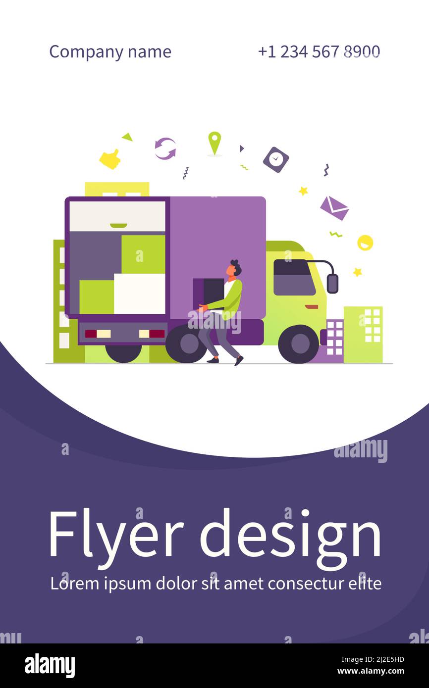 Loading workman carrying box in truck. Parcel, logistics, cardboard ...