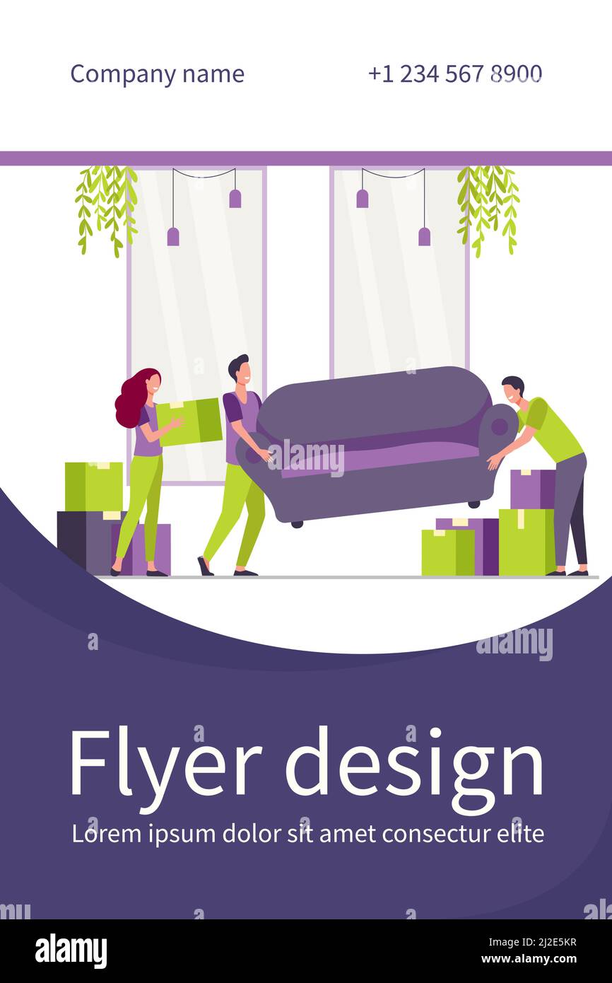 Happy people moving into new home. Cartoon characters carrying carton ...