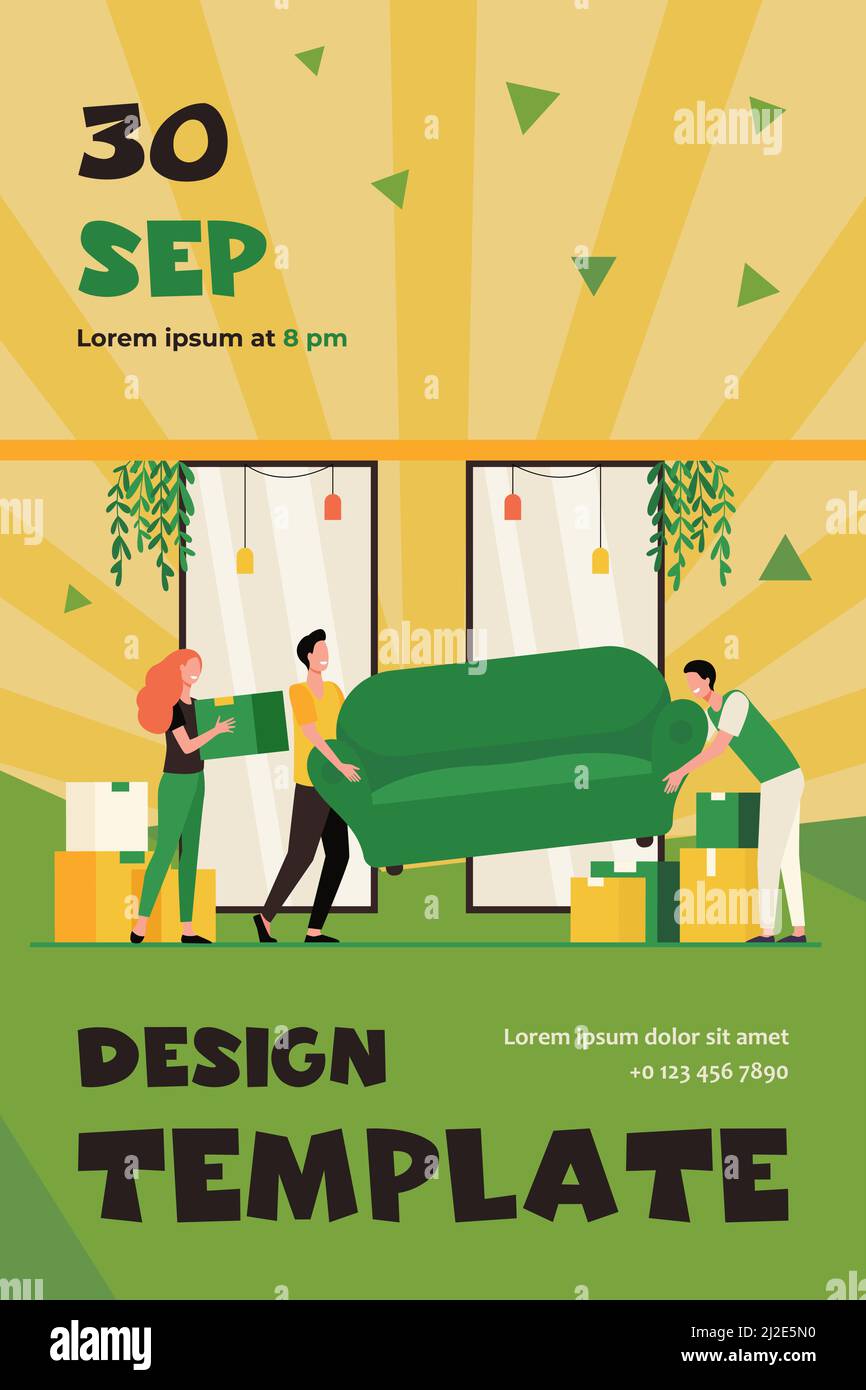 Happy people moving into new home. Cartoon characters carrying carton ...