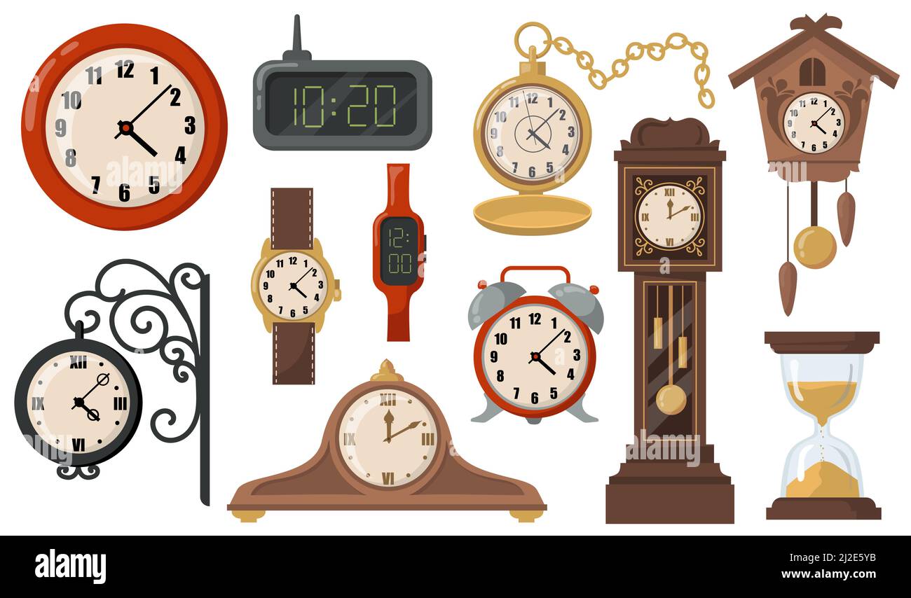 Modern or retro mechanical and electronic clocks flat item set. Cartoon ...