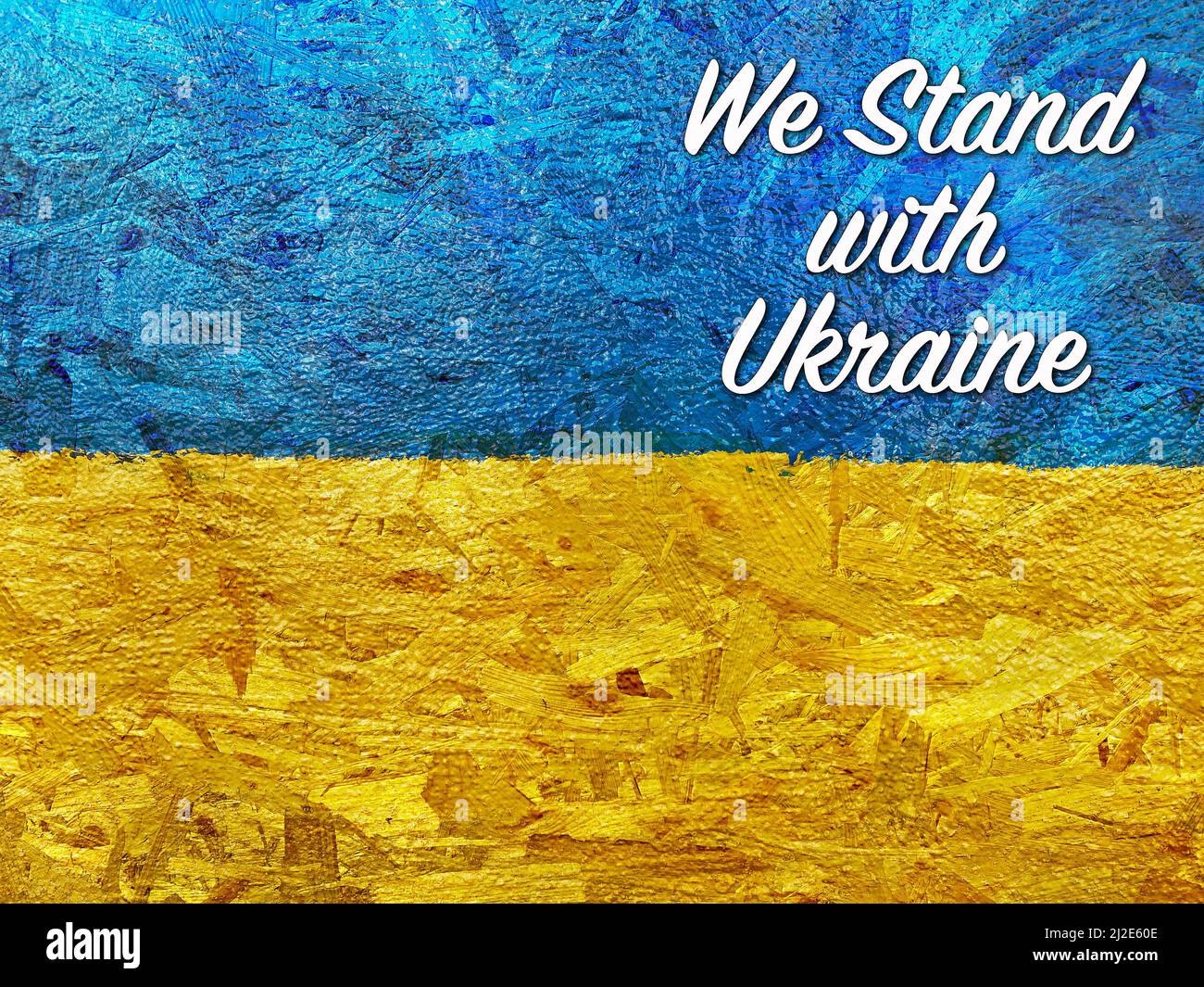 slogan We stand with Ukraine on Ukrainian flag painted on wooden wall ...