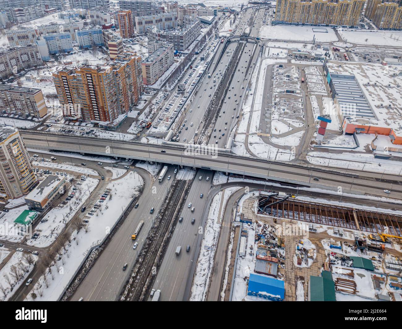 Transport junction traffic road. Aerial high above view of modern road ...