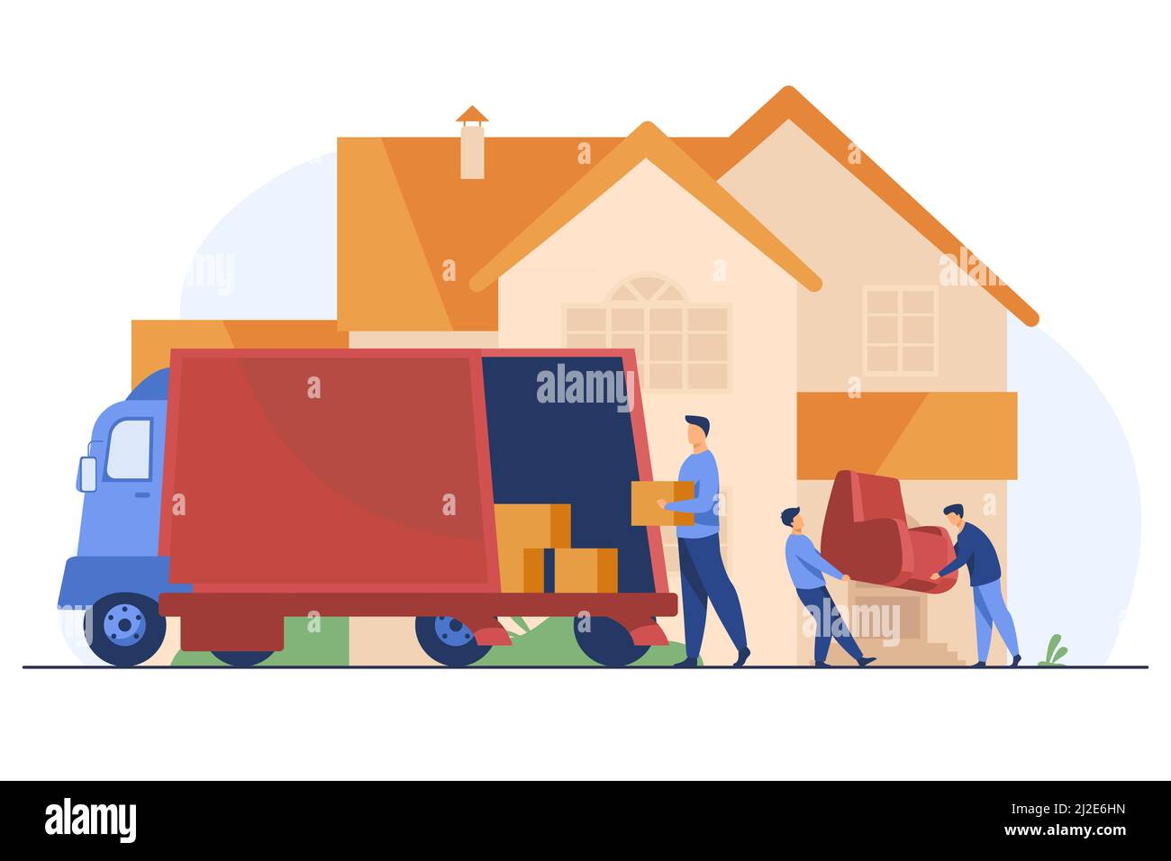 Loaders carrying armchair and boxes in new house. Belonging, van ...