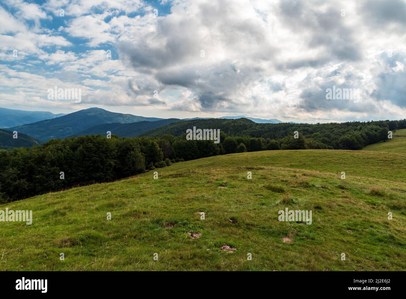 Wild Muntii Valcan mountains with meadow and hills covered by deep ...