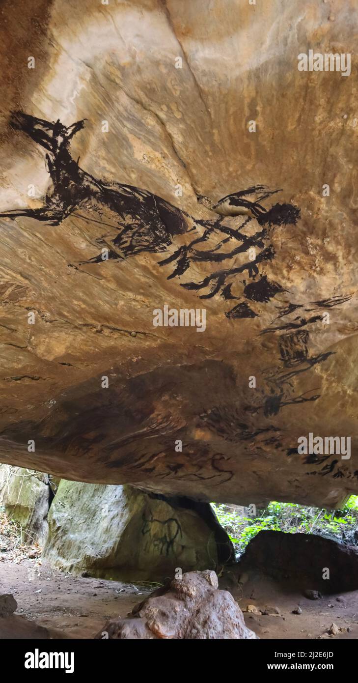 Ancient drawing on side of stone, Yana Caves, Uttara Kannada, Karnataka ...