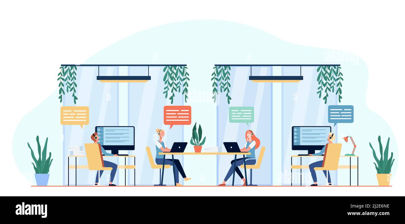 Hotline operators consulting clients flat vector illustration. Cartoon ...