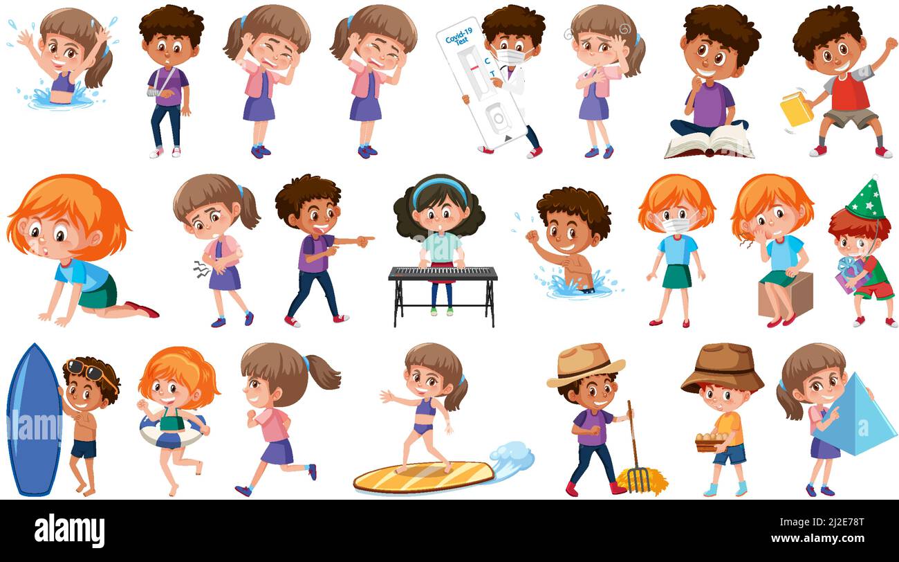 Set of children doing different activities on white background ...