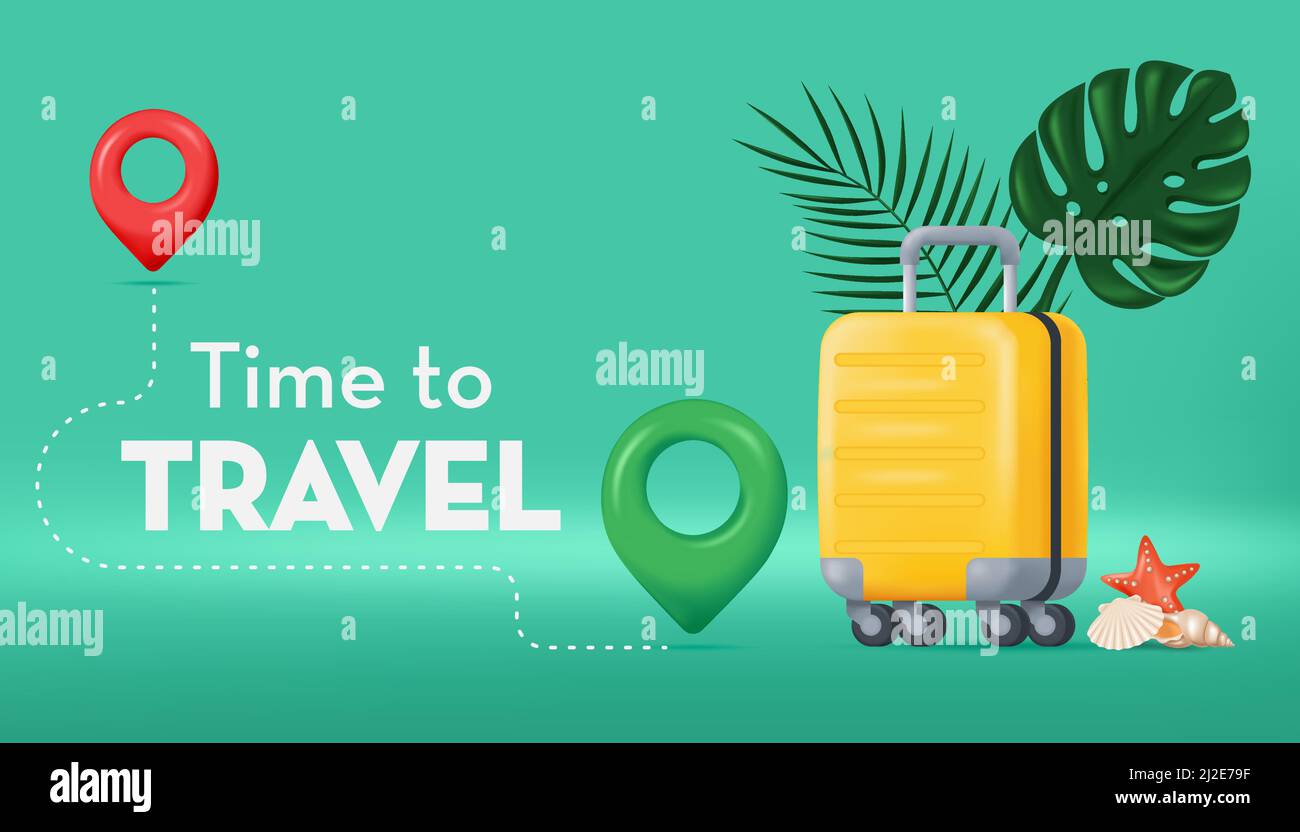 Time to travel concept banner with suitcase, tropical leaves and gps ...
