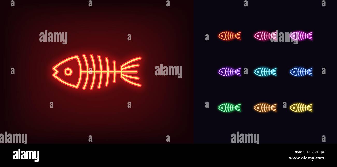 Outline neon fish skeleton icon. Glowing neon fishbone sign, fish spine ...