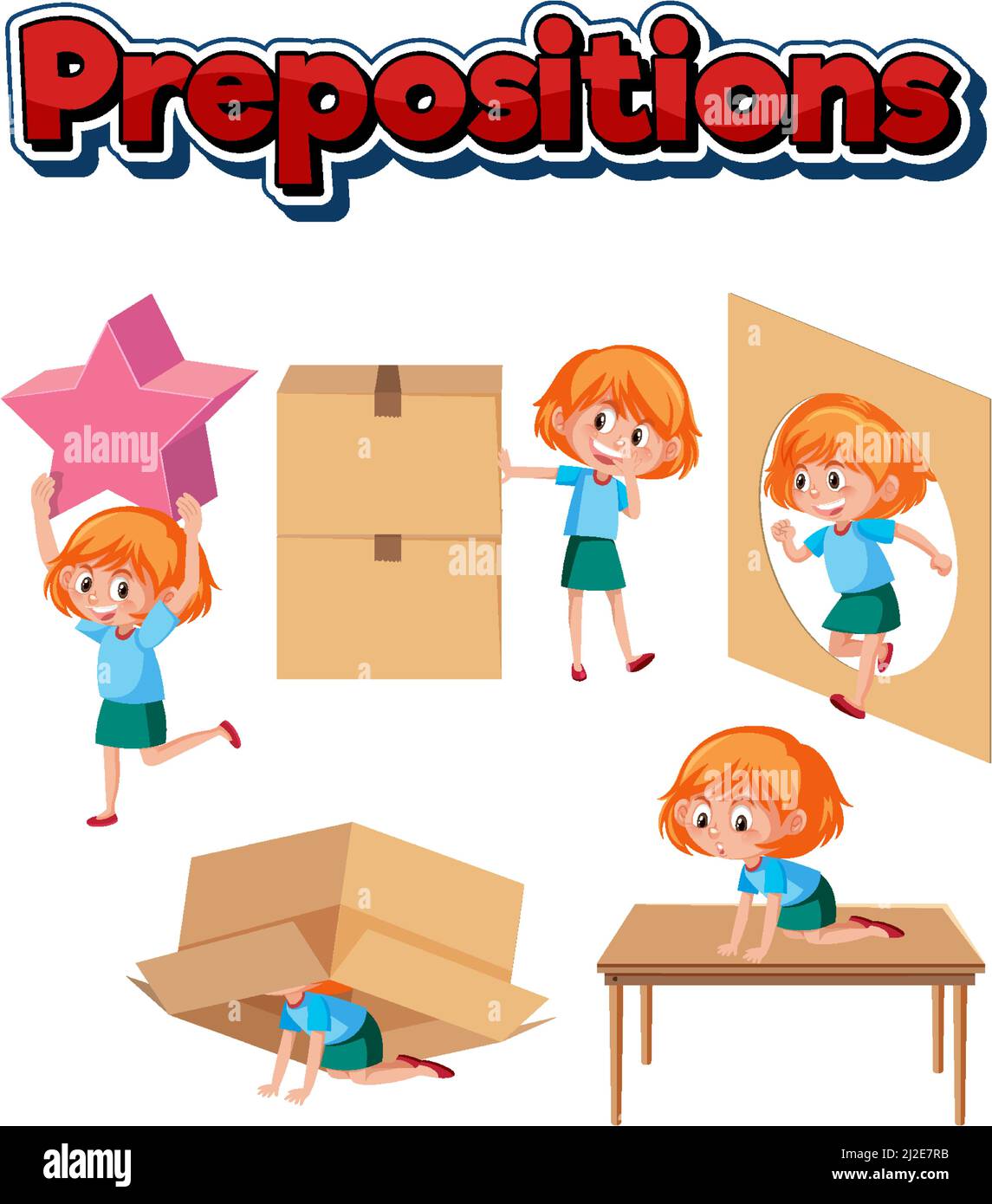 Prepostion wordcard design with girl and boxes illustration Stock ...
