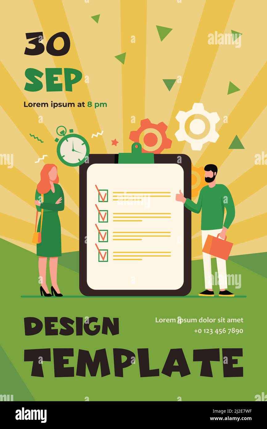 Managers with task list. Employees standing at checklist and timer ...