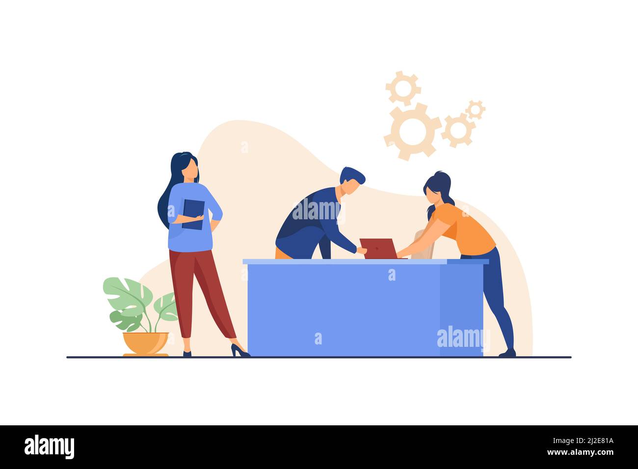 Managers working on project together. Employees gathering at workplace ...