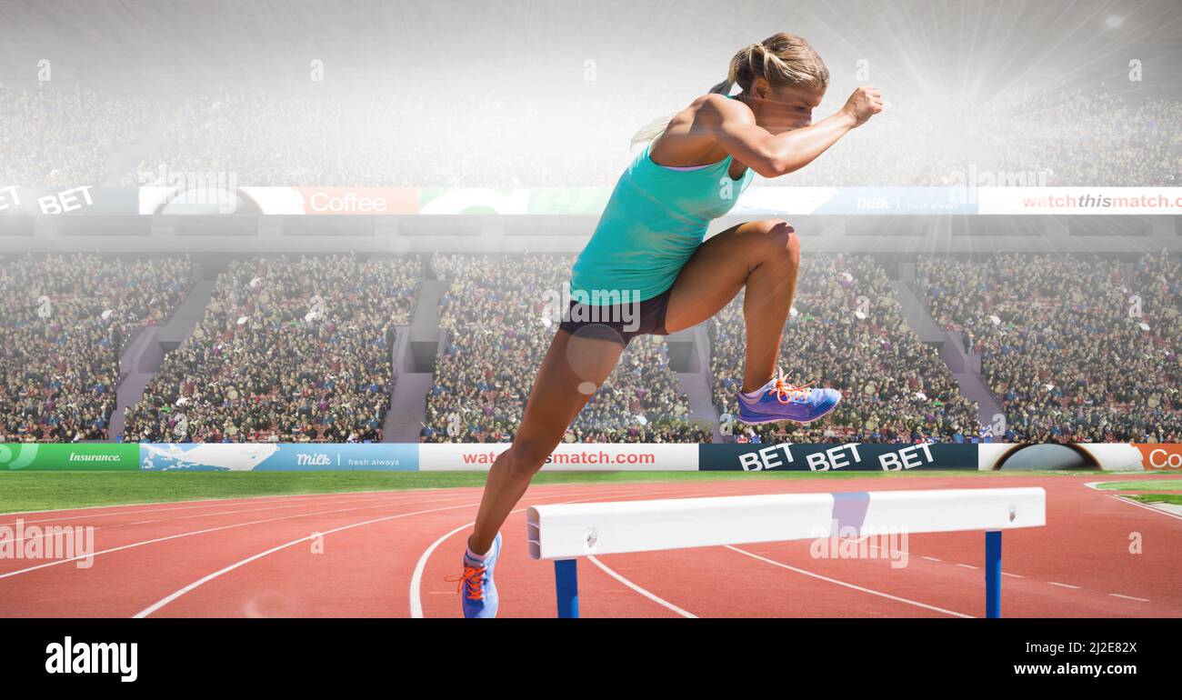 Composite image of caucasian female athlete jumping over hurdles ...
