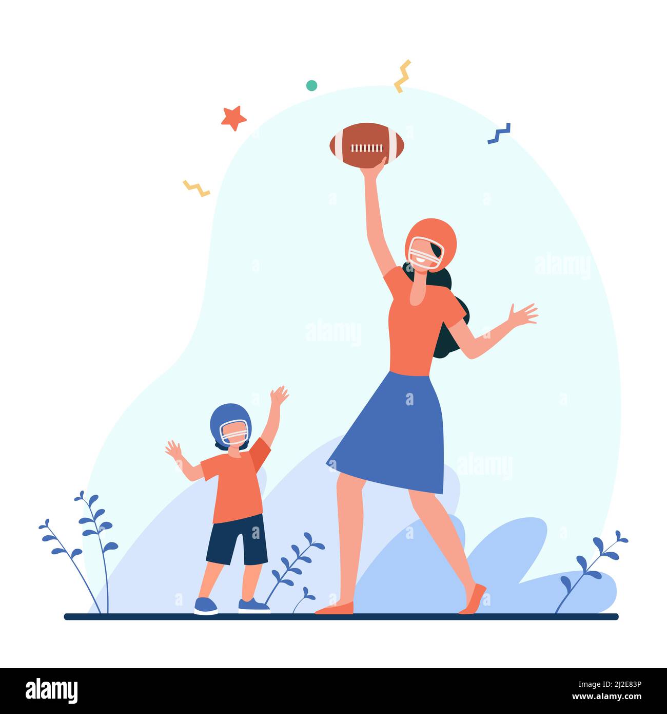 Mom and son playing football. Mother and kid in helmets throwing and ...
