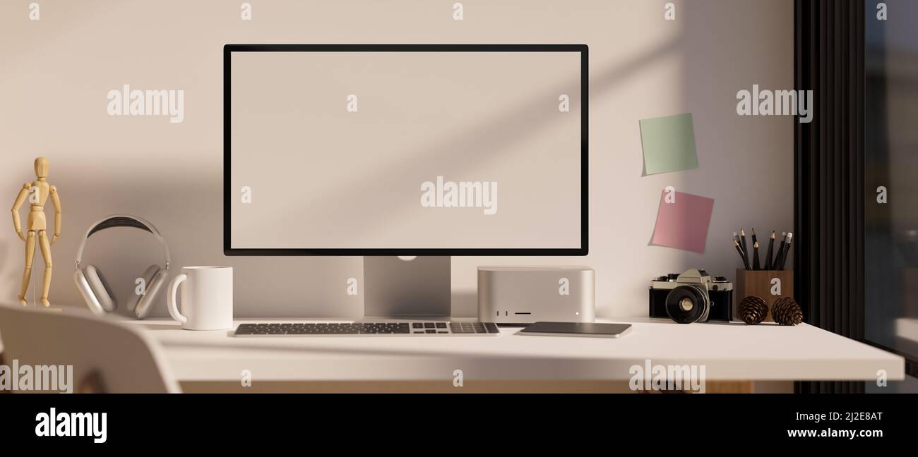 Modern white workspace computer desk with pc computer desktop mockup ...