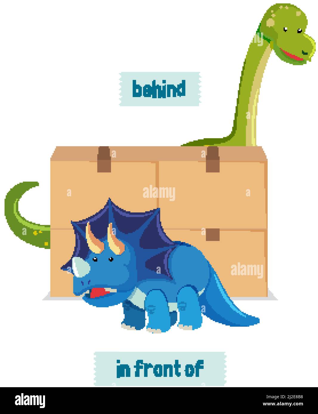English prepositions with dinosaurs behide and front of boxes ...