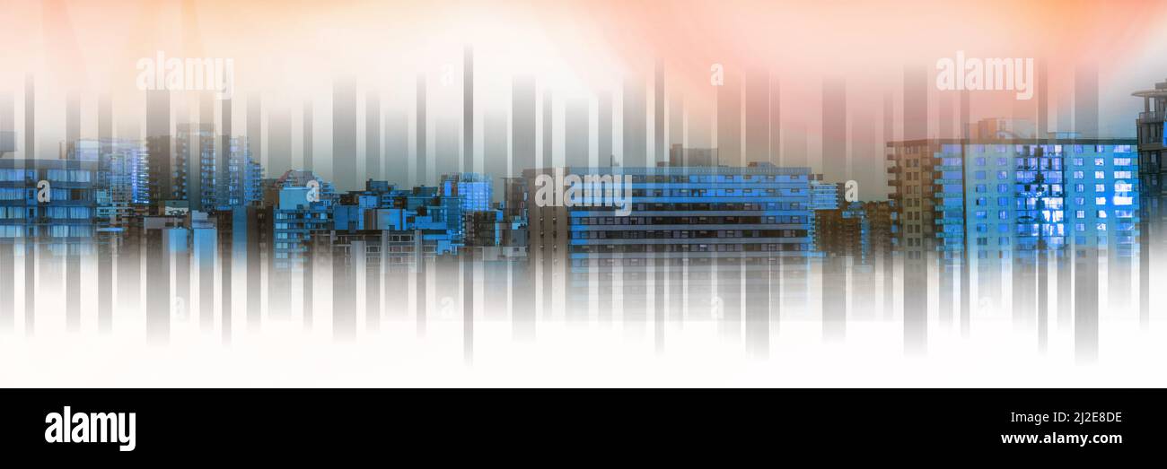 Spots of light over cityscape with shadow effect against orange ...